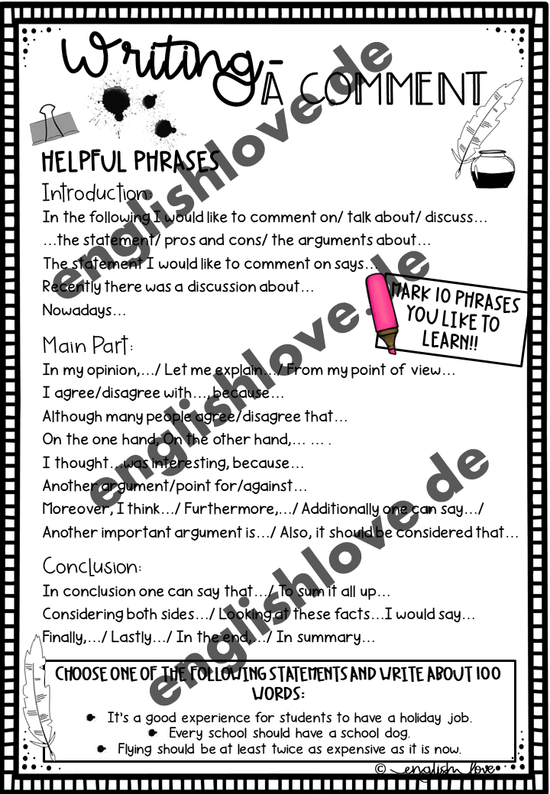 Textsorte Comment im Englischunterricht (Unterrichtsmaterial) – englishlove